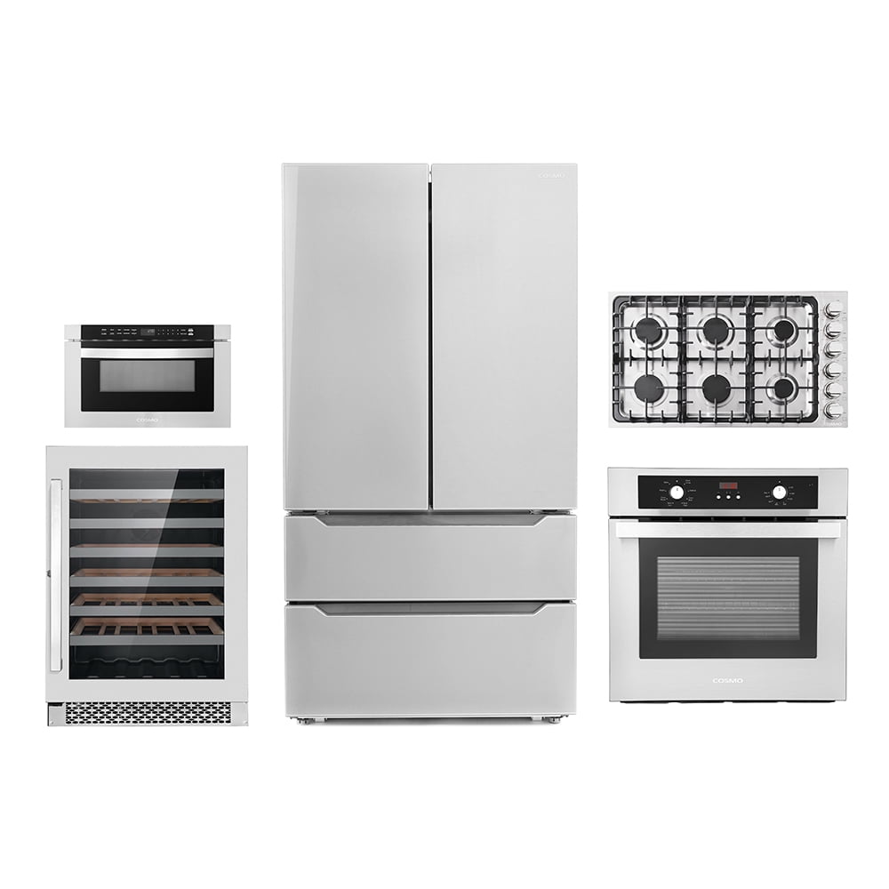 5 Piece Kitchen Package With 36" Gas Cooktop 24" 48 Bottle Single Zone ...