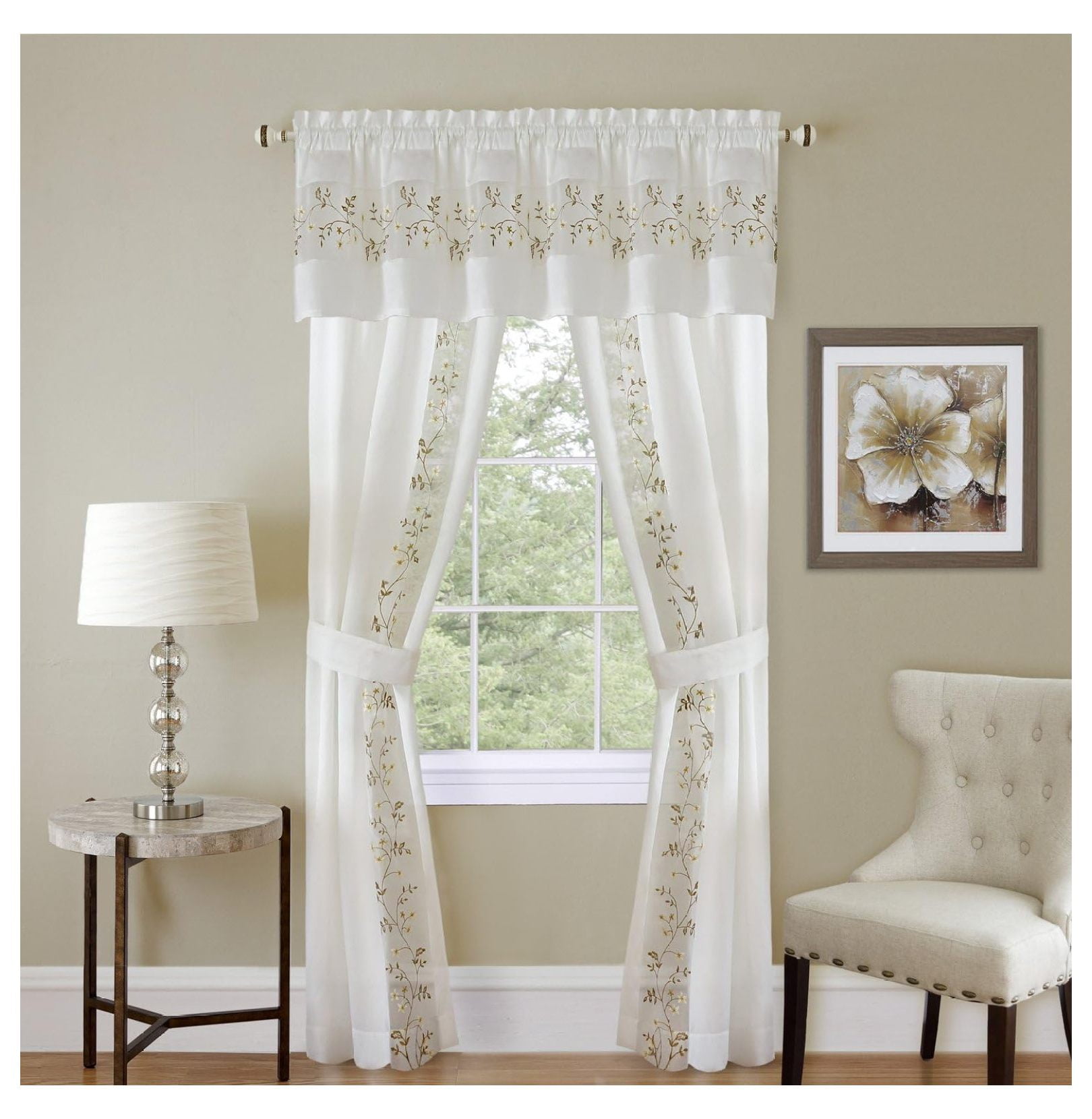 5-Piece Light Filtering Floral Semi-Sheer Window Curtain Set - Includes ...