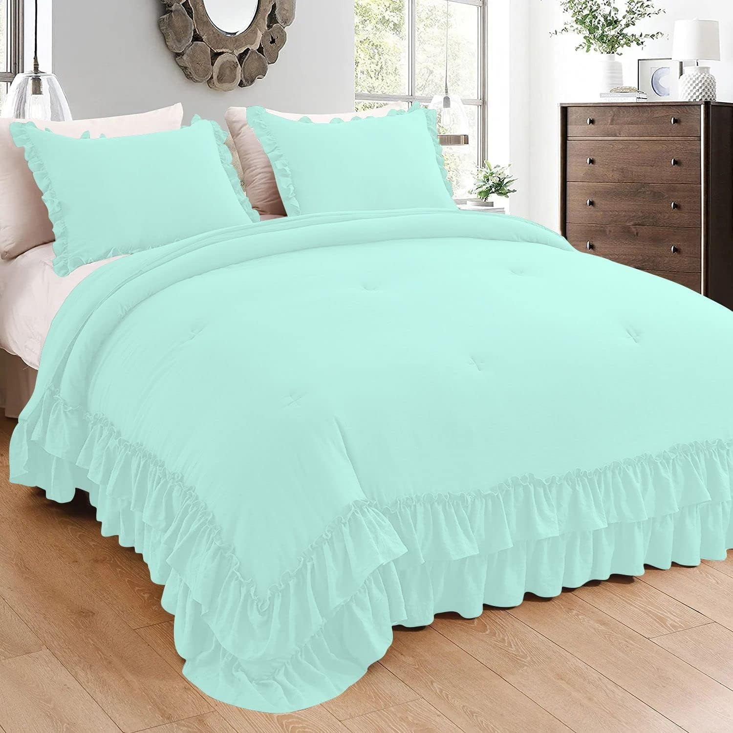 5 Piece Luxury 5 Inch Two Layer Ruffle Comforter 550 GSM All Season ...