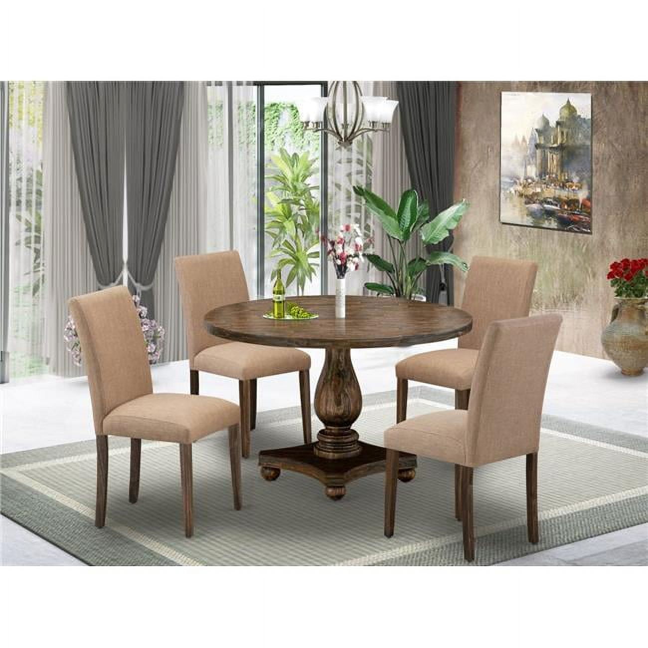 5 Piece Mid Century Modern Dining Set - Distressed Jacobean & Light ...