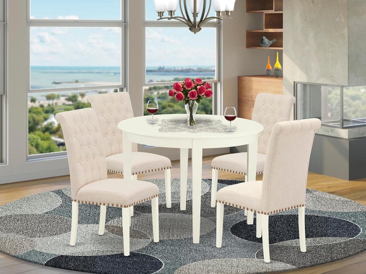 5 Piece Mid Modern Dining Set with Round Table and Linen Chairs, 42x42 ...