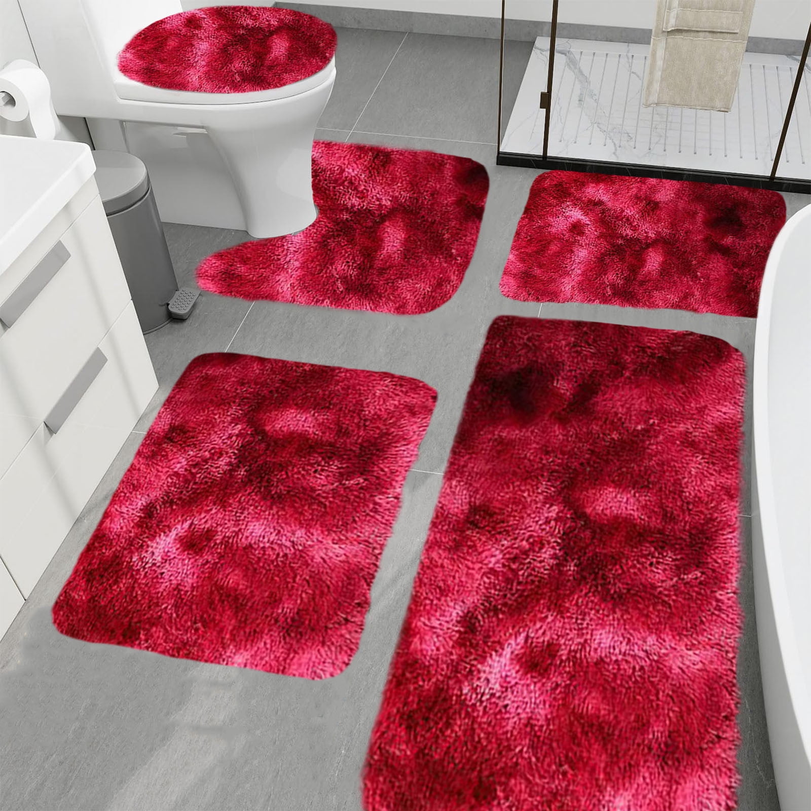 5 Piece Mixed Color Bath Mat Set, Soft Absorbent Non-Slip Toilet Mats ...