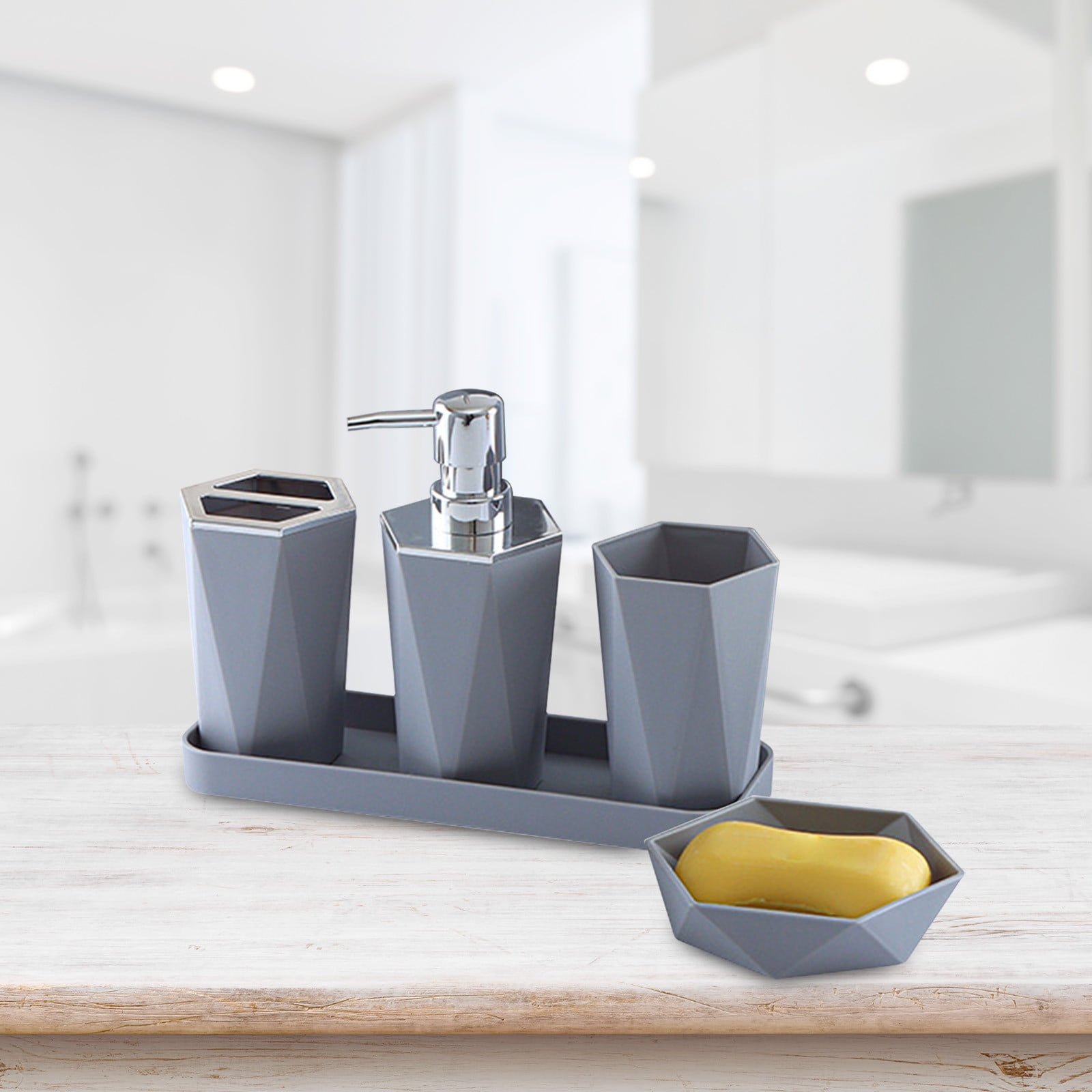 5-Piece Modern Bathroom Accessory Set - Soap Dispenser, Toothbrush ...