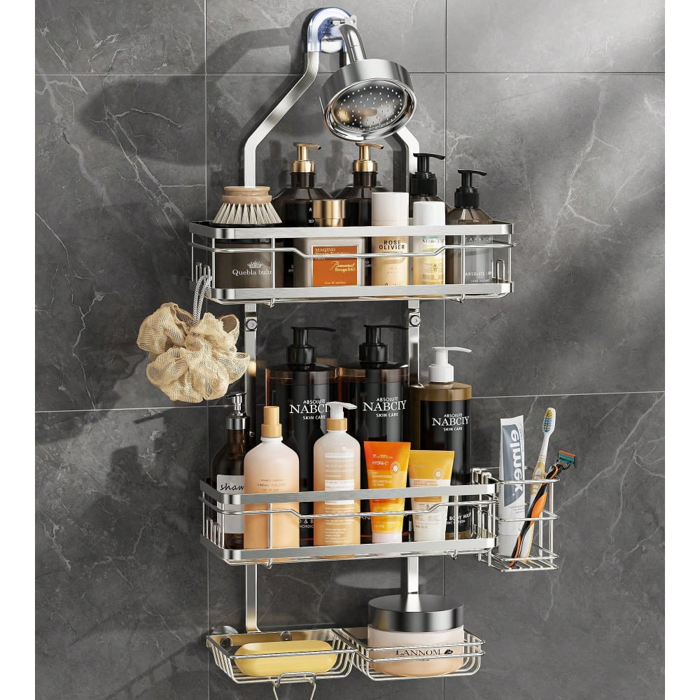 5-Piece Modern Bathroom Set, No Drill Wall Mounted Shower Caddy With ...