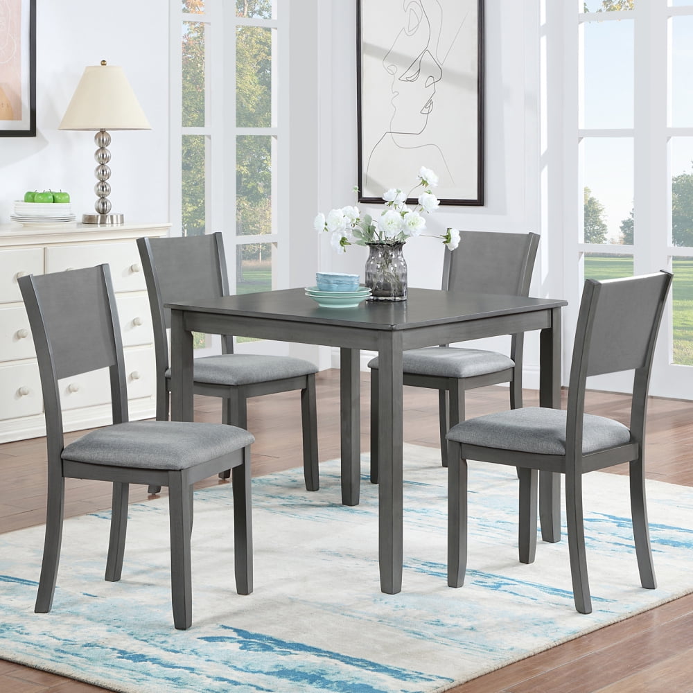 5-Piece Modern Dining Set with Square Wooden Table & 4 Padded Upholstered Chairs, Gray Compact ...