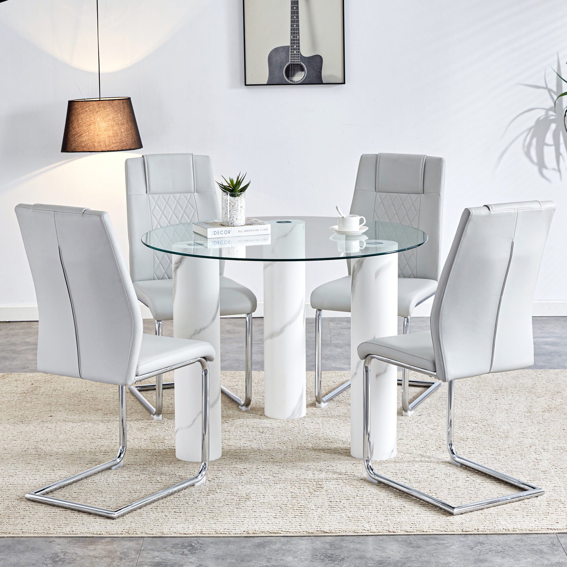 5-Piece Modern Minimalist Dining Set, Transparent Tempered Glass Top ...