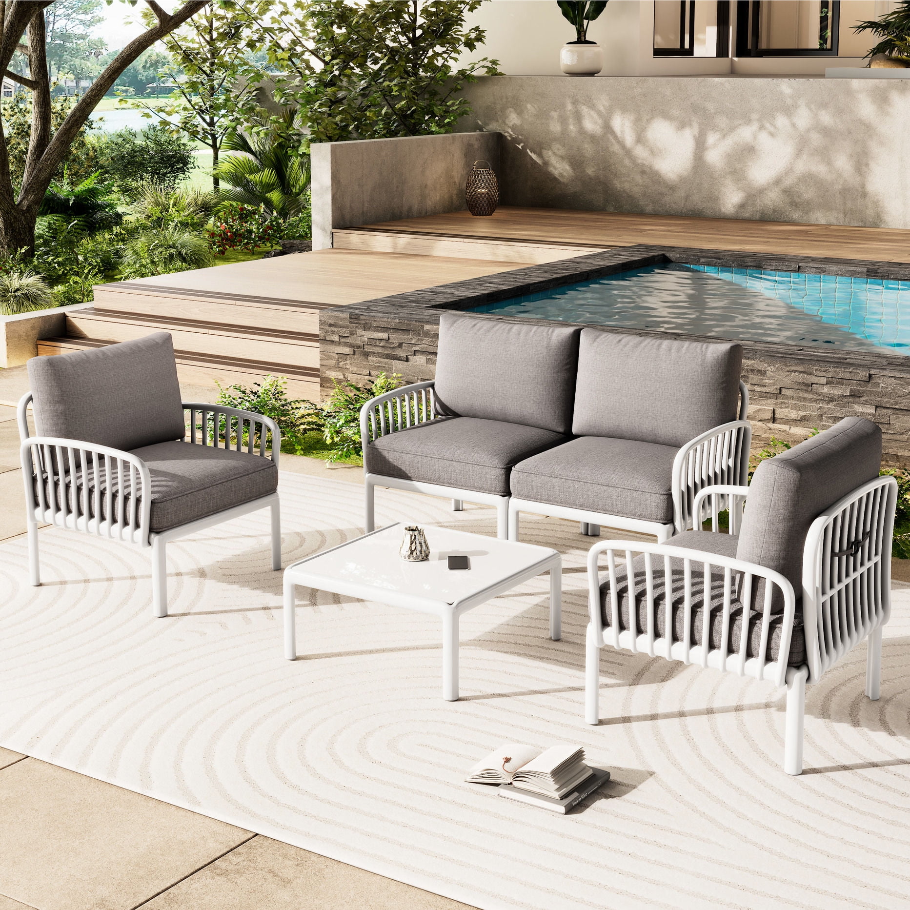 5 Piece Modern Patio Conversation Set with Square Coffee Table, White ...