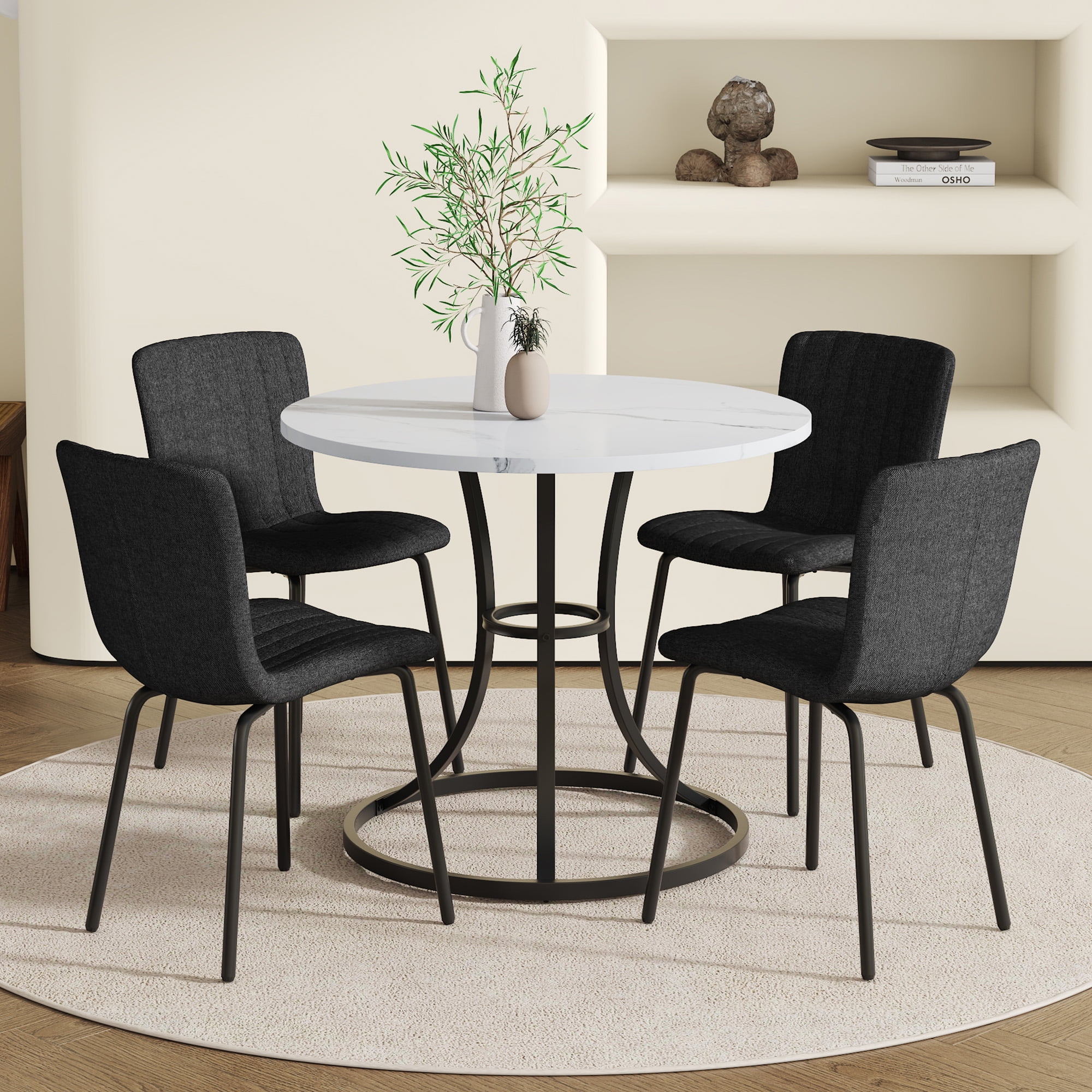 5-Piece Modern Round Dining Set - 33.3" Space-Saving Round MDF Table + 4 Tech-Fabric Chairs ...