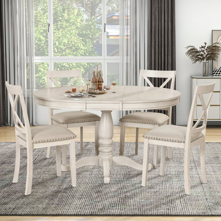 5 Piece Modern Solid Wood Dining Room Set with 4 Chairs Simple Style Kitchen Table Set with Table and 4 Cross Back Chairs Round Table with Chairs