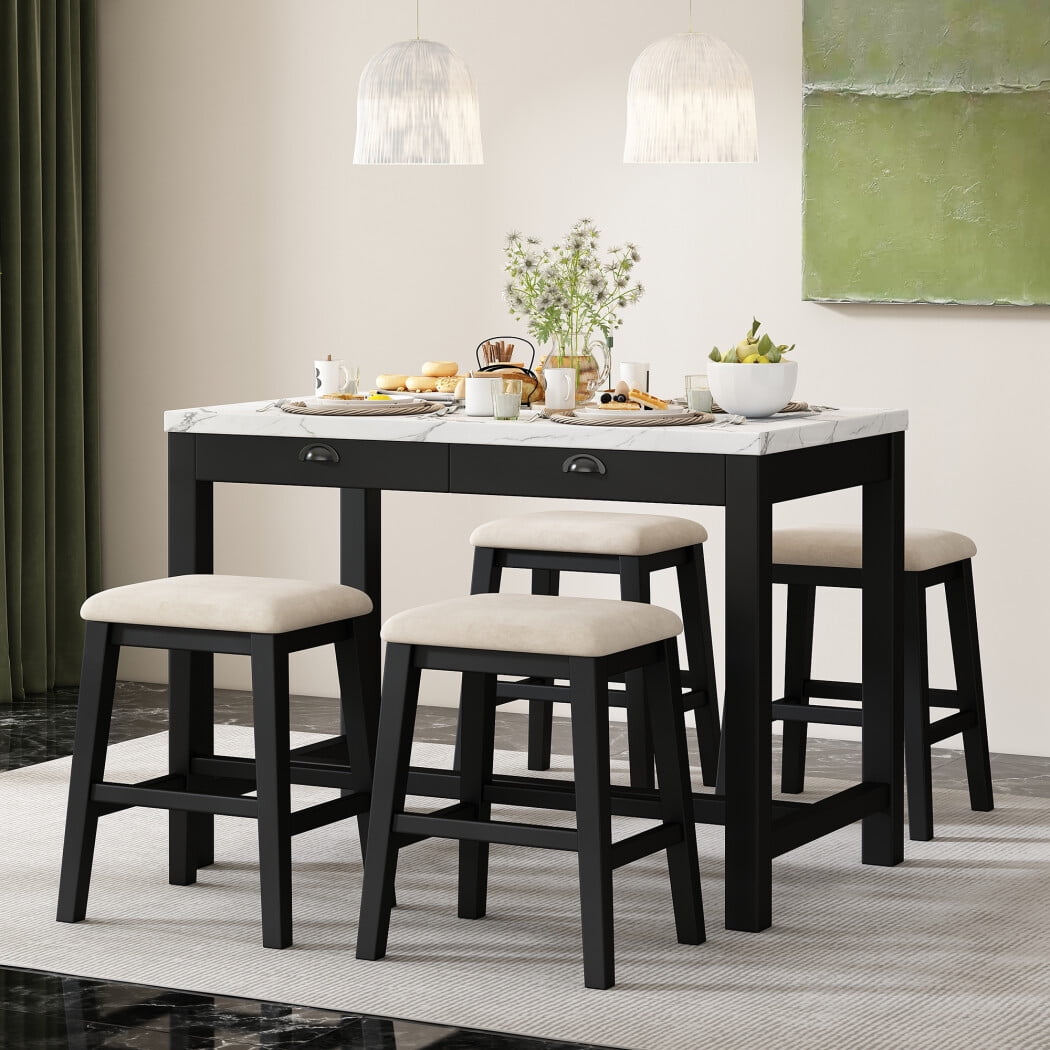 5-Piece Modern Versatile Bar Table Set, Faux Marble Rectangle Table ...