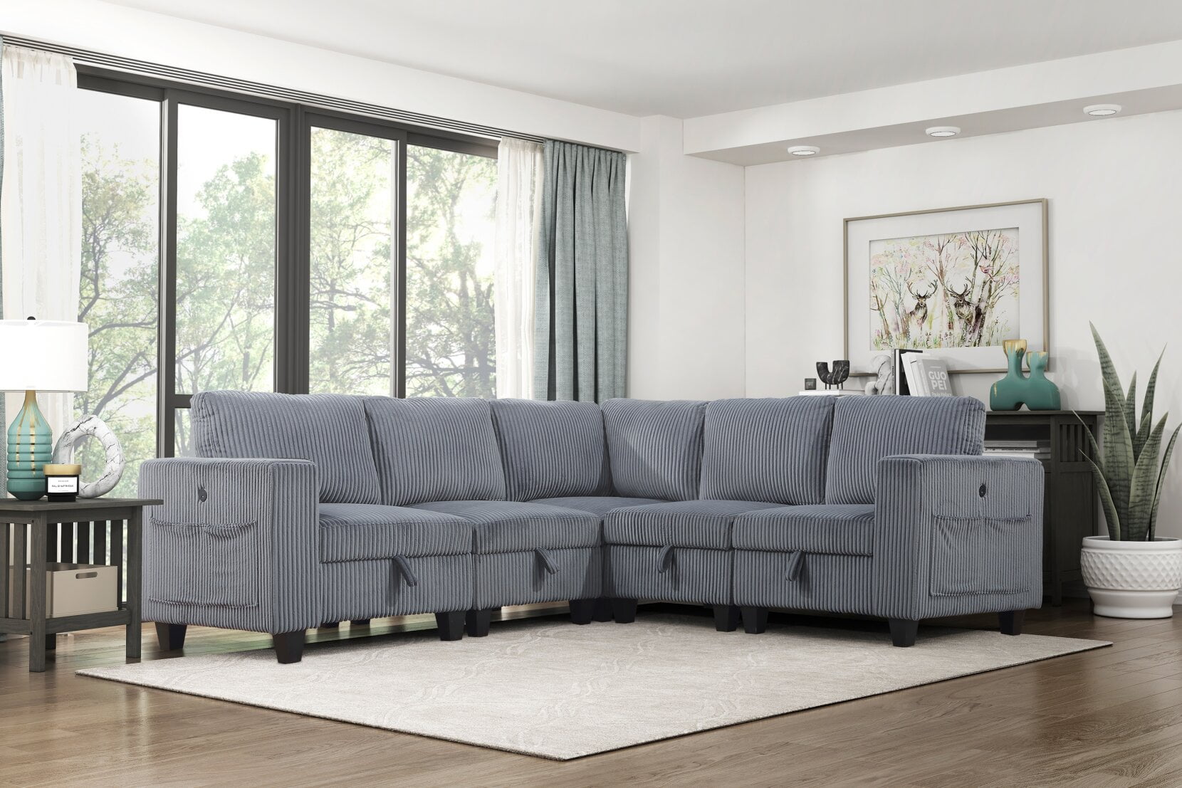 5 Piece Modular Sectional Sofa with Storage Sepace, Corduroy Fabric ...