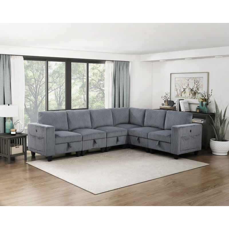 5-Piece Modular Sectional with Storage Seats, Side Pockets, Charging ...