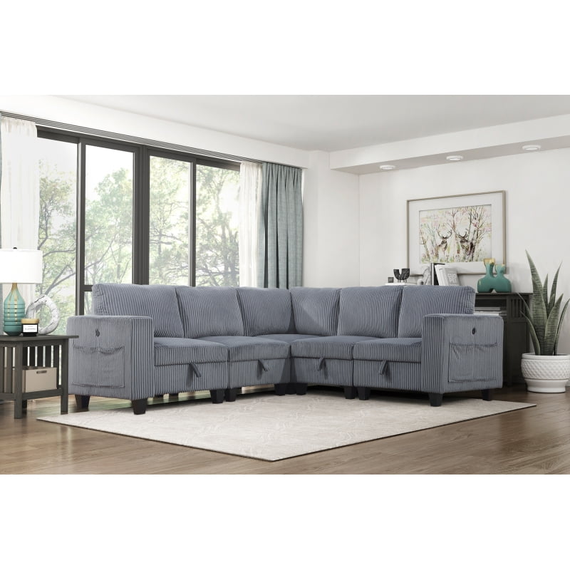 5-Piece Modular Sectional with Storage Seats, Side Pockets, Charging ...