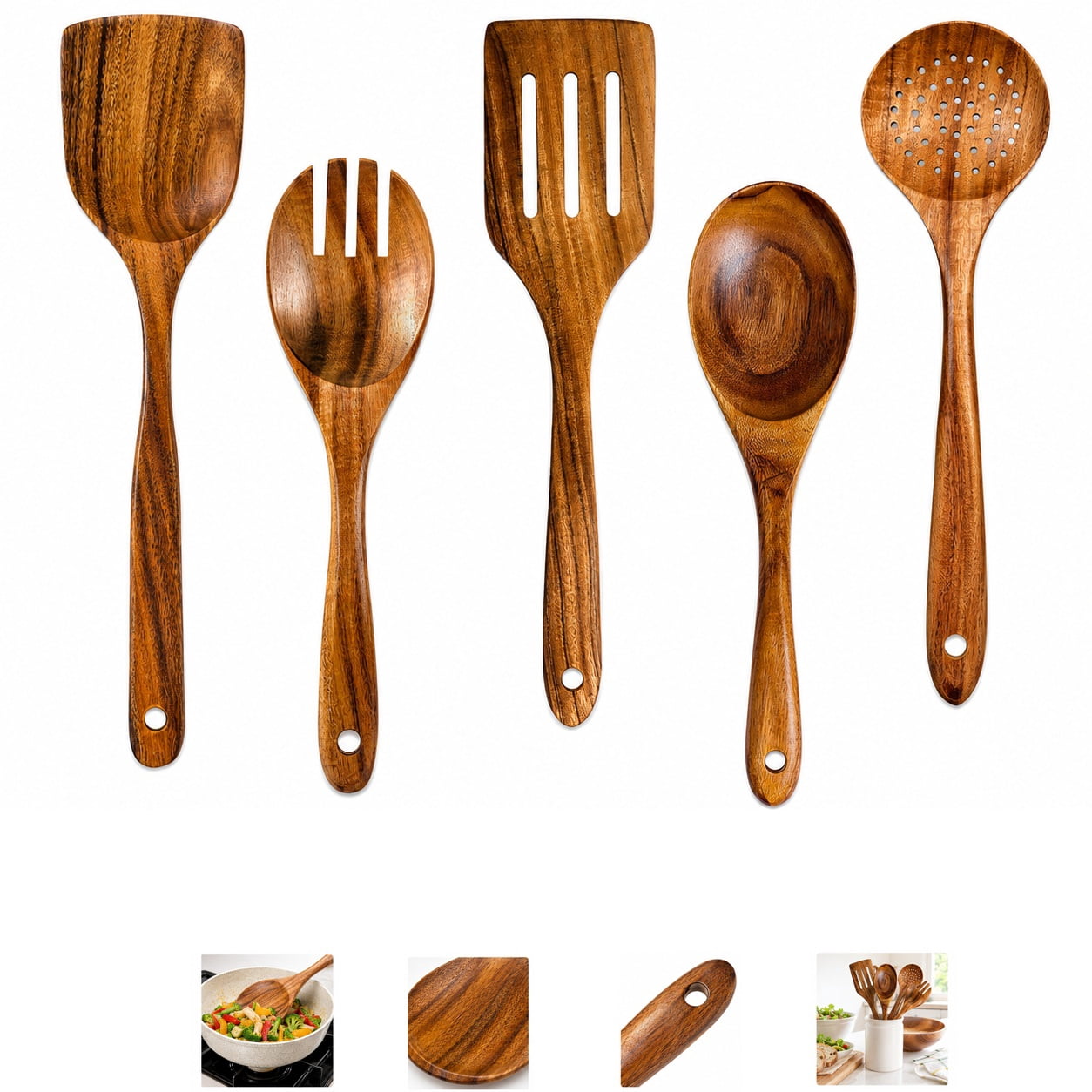 5-Piece Natural Teak Wooden Kitchen Utensil Set with Holder and Spoon ...