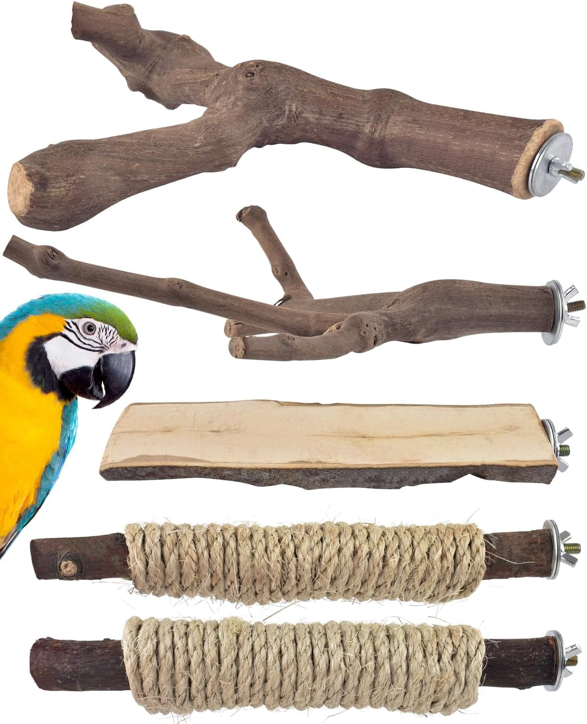 5-Piece Natural Wood Bird Perch Set - Large Cage Branches with Rope for ...