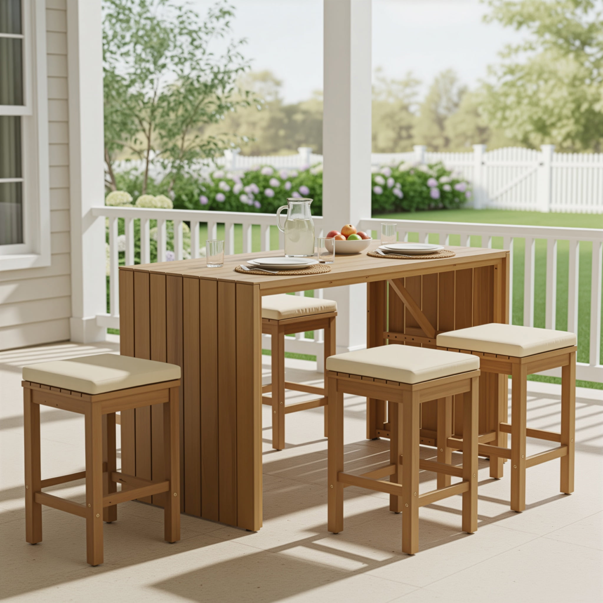 5 Piece Outdoor Bar Set, Patio Acacia Wood Bar Height Table & Four ...