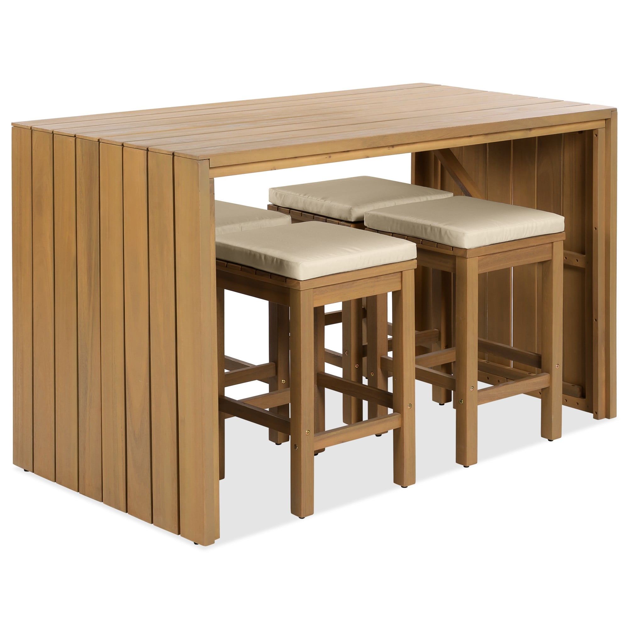 5 Piece Outdoor Bar Set, Patio Acacia Wood Bar Height Table & Four ...