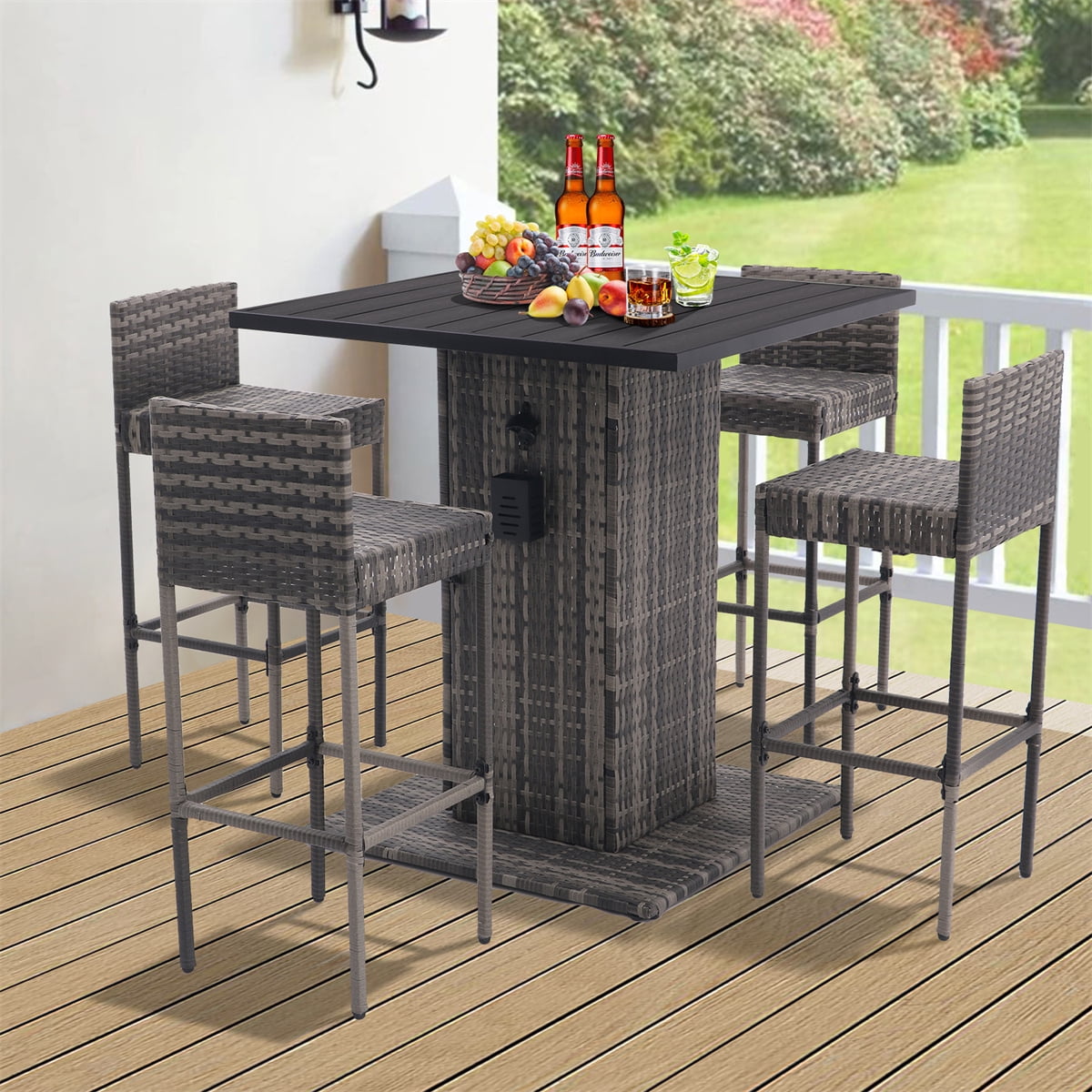 5-Piece Outdoor Conversation Bar Set, All Weather PE Rattan and Steel ...