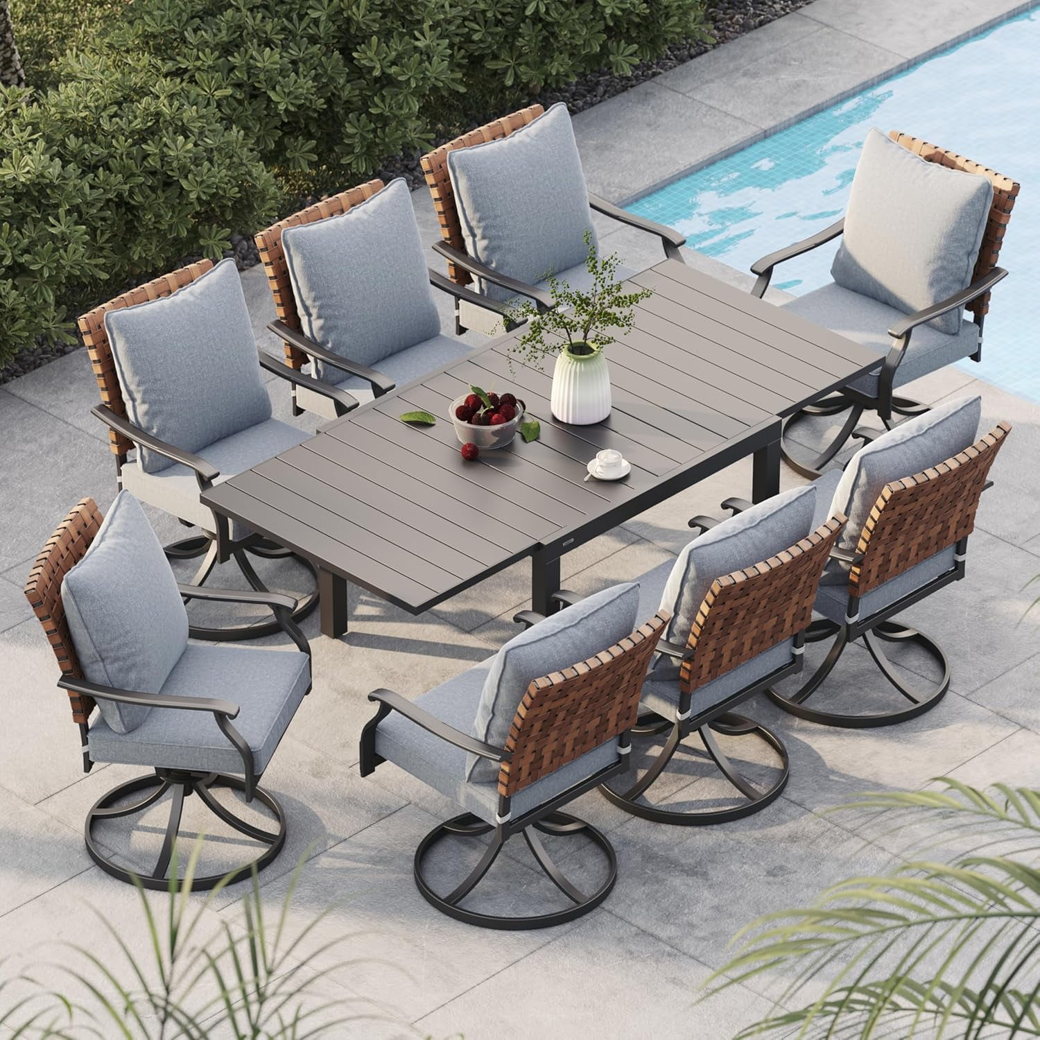 5-Piece Outdoor Dining Set, 4 Leather-Look Wicker Swivel Blue Patio ...
