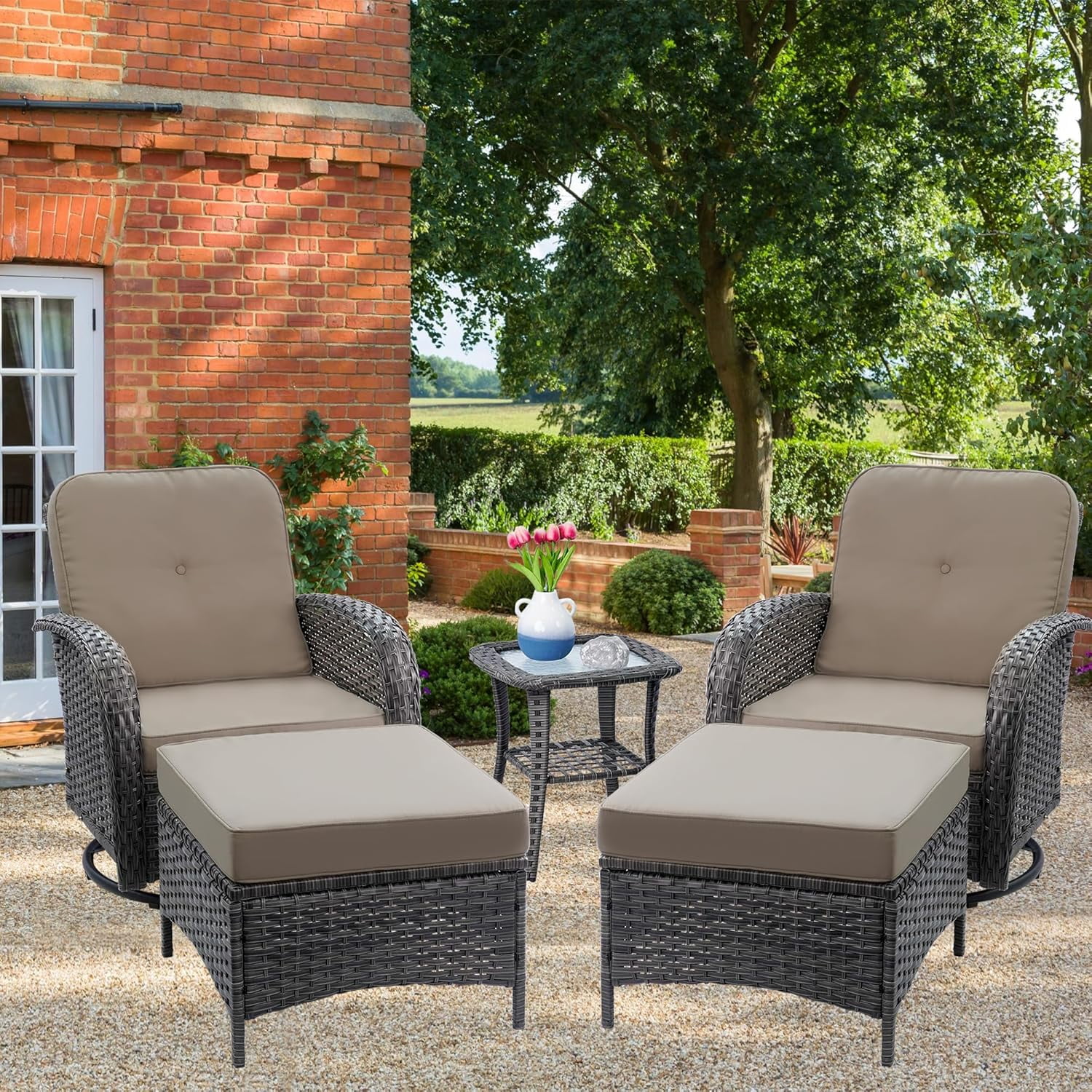 5 Piece Outdoor Furniture Set with Wicker Swivel Rocker Chairs ...
