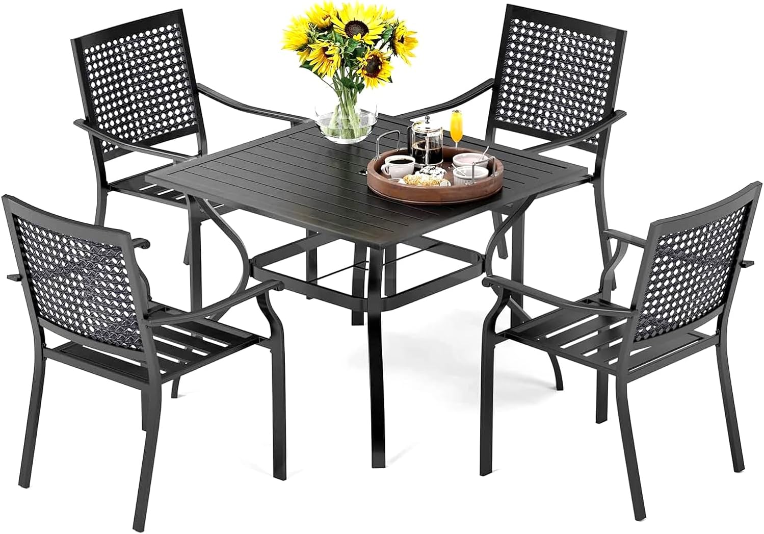 5-Piece Outdoor Meal Set for 4: Square Wrought Iron Table & Stackable ...