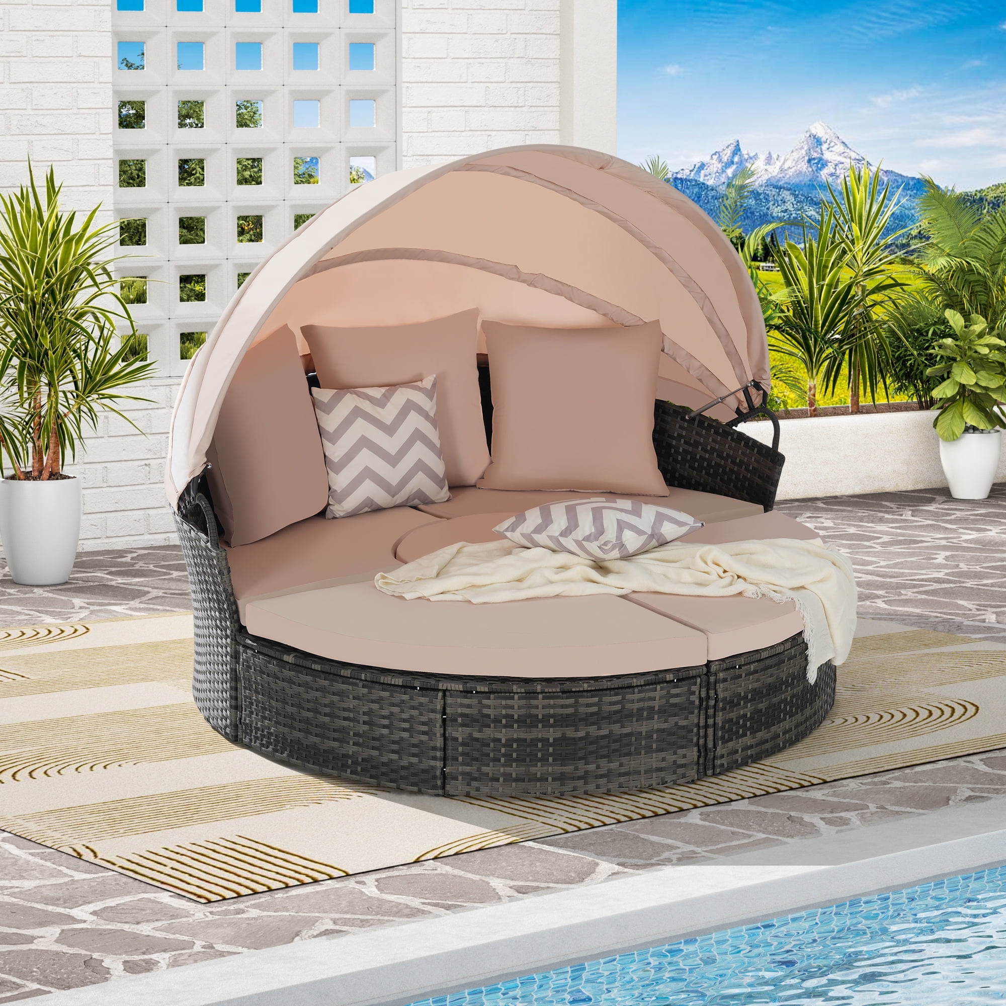 5-Piece Outdoor Patio Round Daybed Furniture, Wicker Conversation Set ...