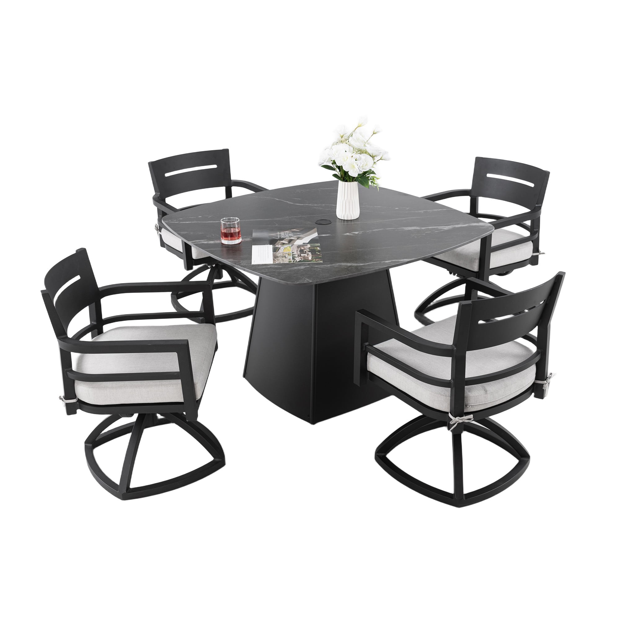 5-Piece Outdoor Pedestal Dining Set, 44" Rounded Square Sintered Stone ...