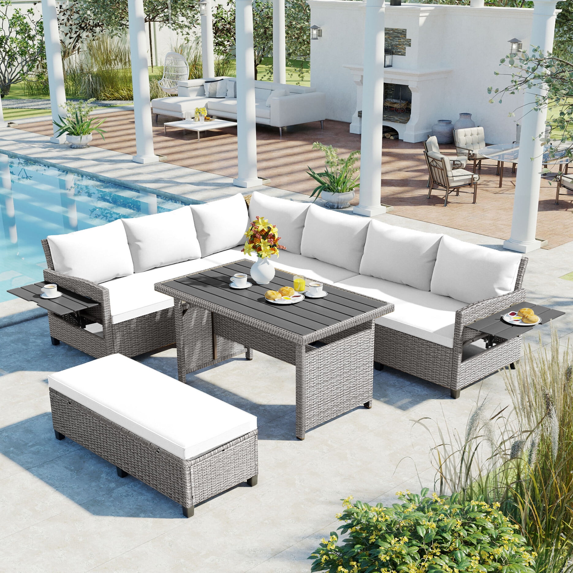5-Piece Outdoor Rattan Sofa Set with L-Shaped Sectional, Extendable ...