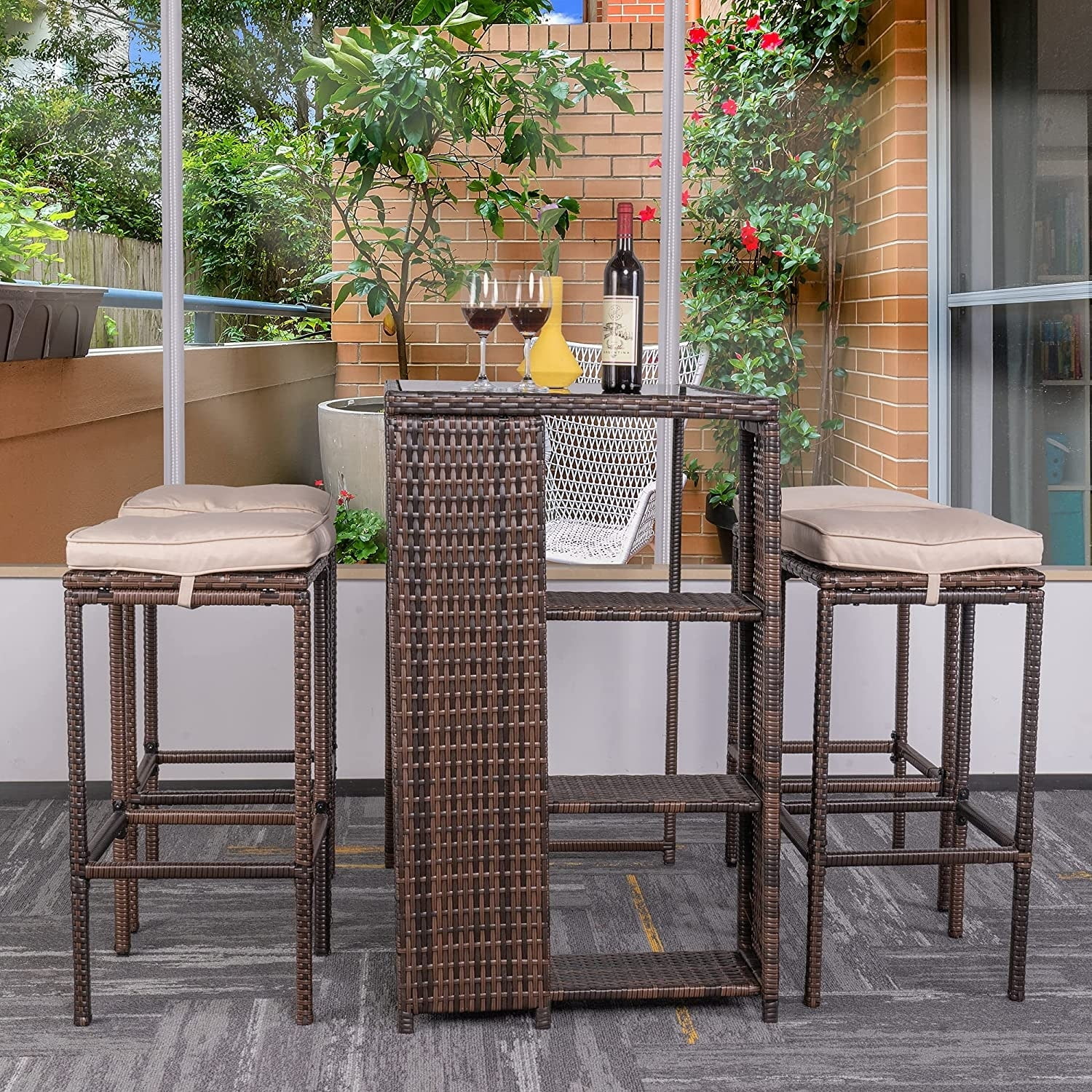5-Piece Patio Bar Table Set Outdoor Wicker Rattan Bar Set Brown ...