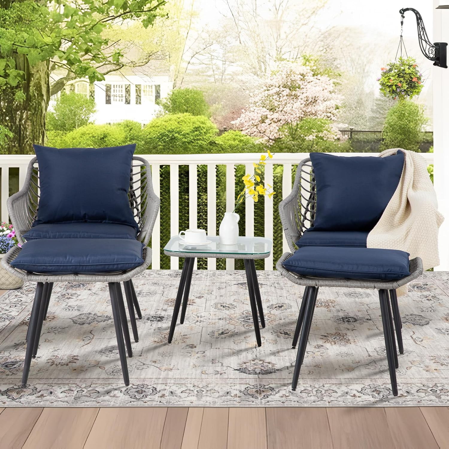 5 Piece Patio Bistro Set with Ottoman - Outdoor Wicker Balcony ...