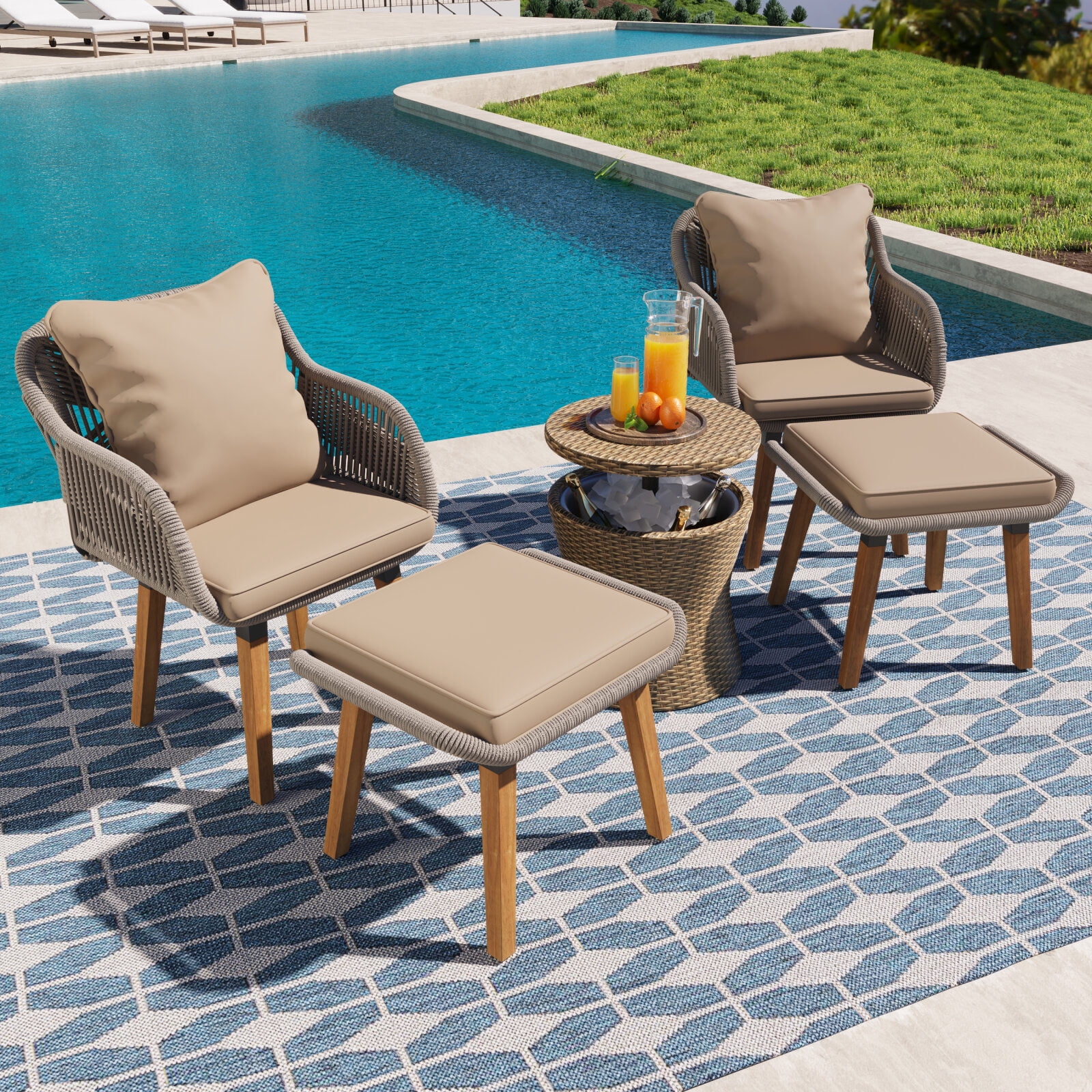 5 Piece Patio Bistro Set, Outdoor Patio Set with Rope Weaving Ottomans ...