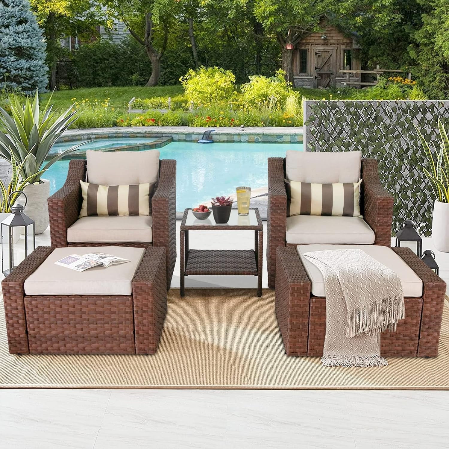 5 Piece Patio Conversation Set Outdoor Furniture Set, Brown Wicker ...