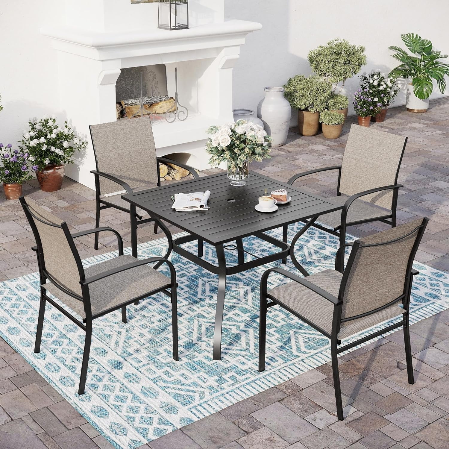 5 Piece Patio Dining Set for 4, 37”x37” Square Table with Umbrella Hole ...