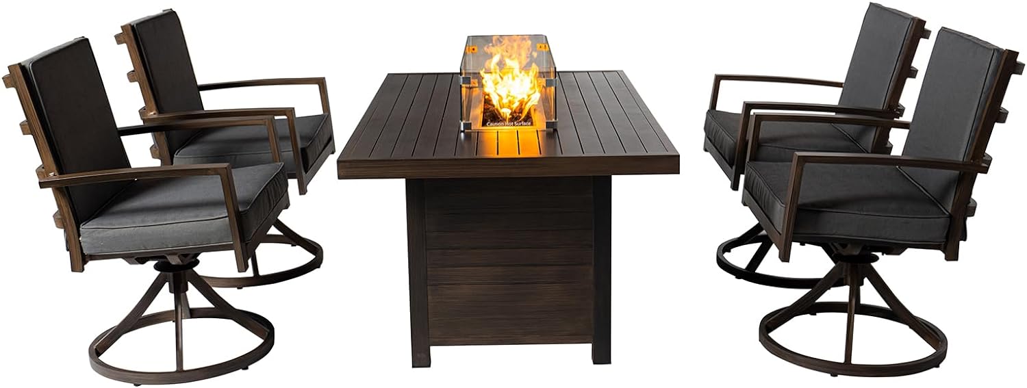 5 Piece Patio Dining Set with Fire Pit Table, Aluminum Outdoor Dining ...