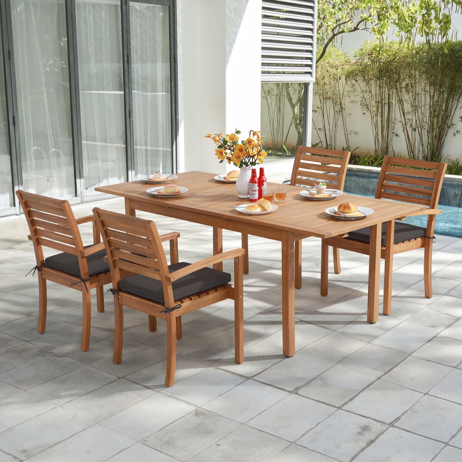 5 Piece Patio Dining Set, Outdoor Acacia Wood Furniture Set, Extendable ...