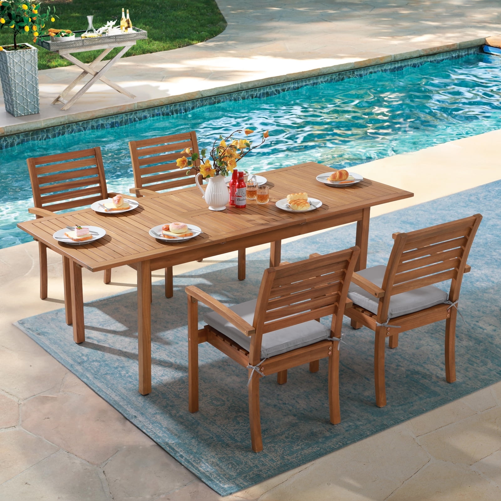 5 Piece Patio Dining Set, Outdoor Acacia Wood Furniture Set, Extendable ...