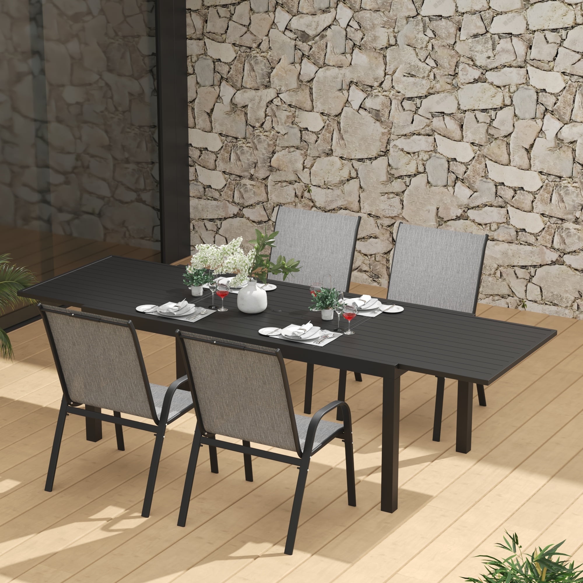 5 Piece Patio Dining Set Seating for 4, Outdoor Dining Table 106"+ 4 ...