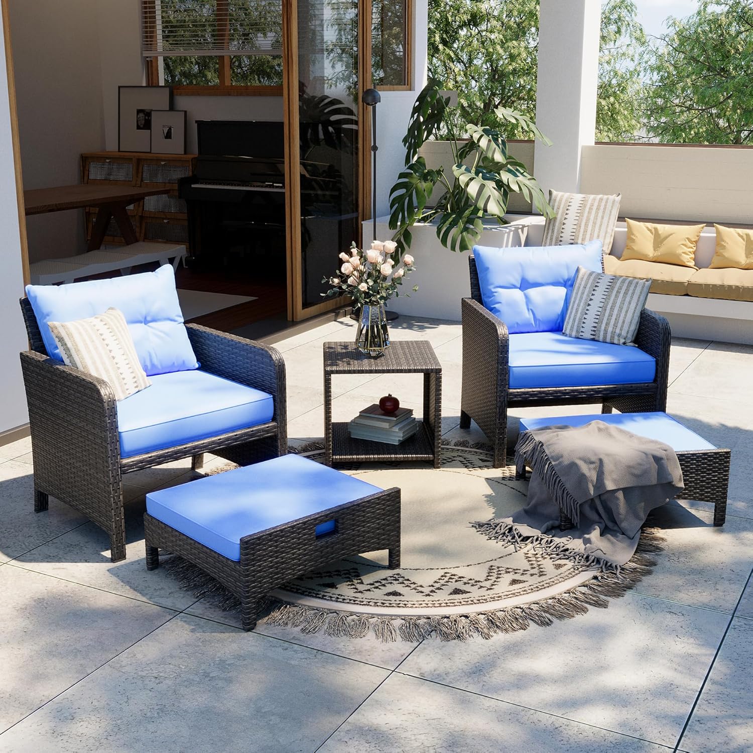 5 Piece Patio Furniture Set, PE Wicker Patio Furniture with Soft ...