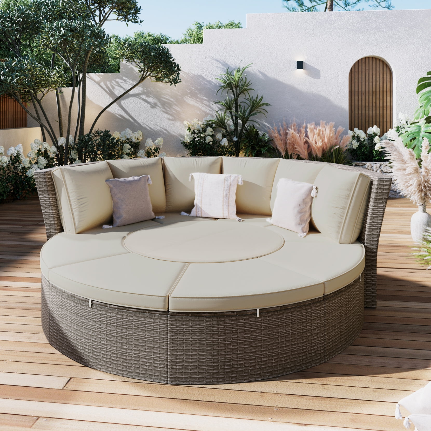 5-Piece Patio Round Rattan Sectional Sofa Set, All-Weather PE Wicker ...