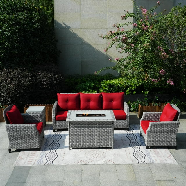 5-Piece Patio Wicker Sofa Set with Firepit Table and Rain cover ...