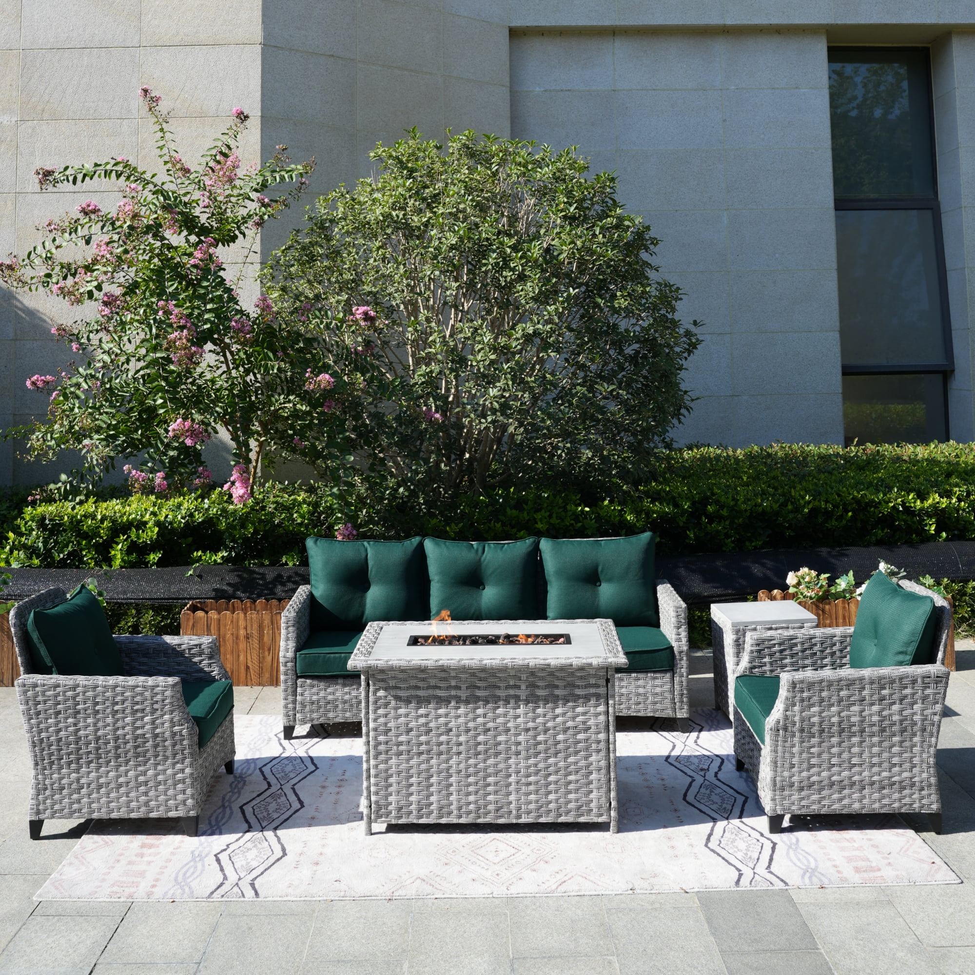 5-Piece Patio Wicker Sofa Set with Firepit Table and Rain cover ...