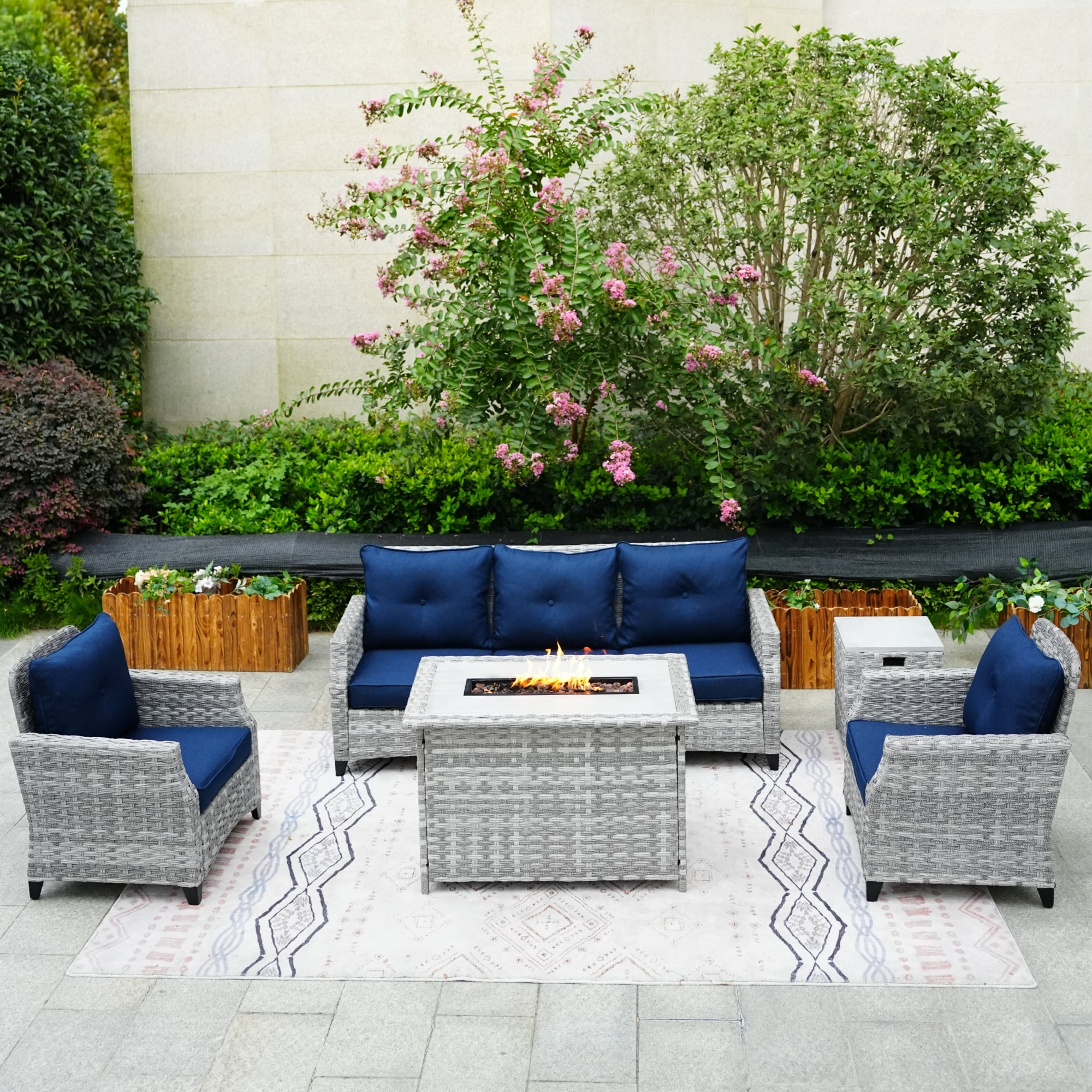 5-Piece Patio Wicker Sofa Set with Firepit Table and Rain cover ...