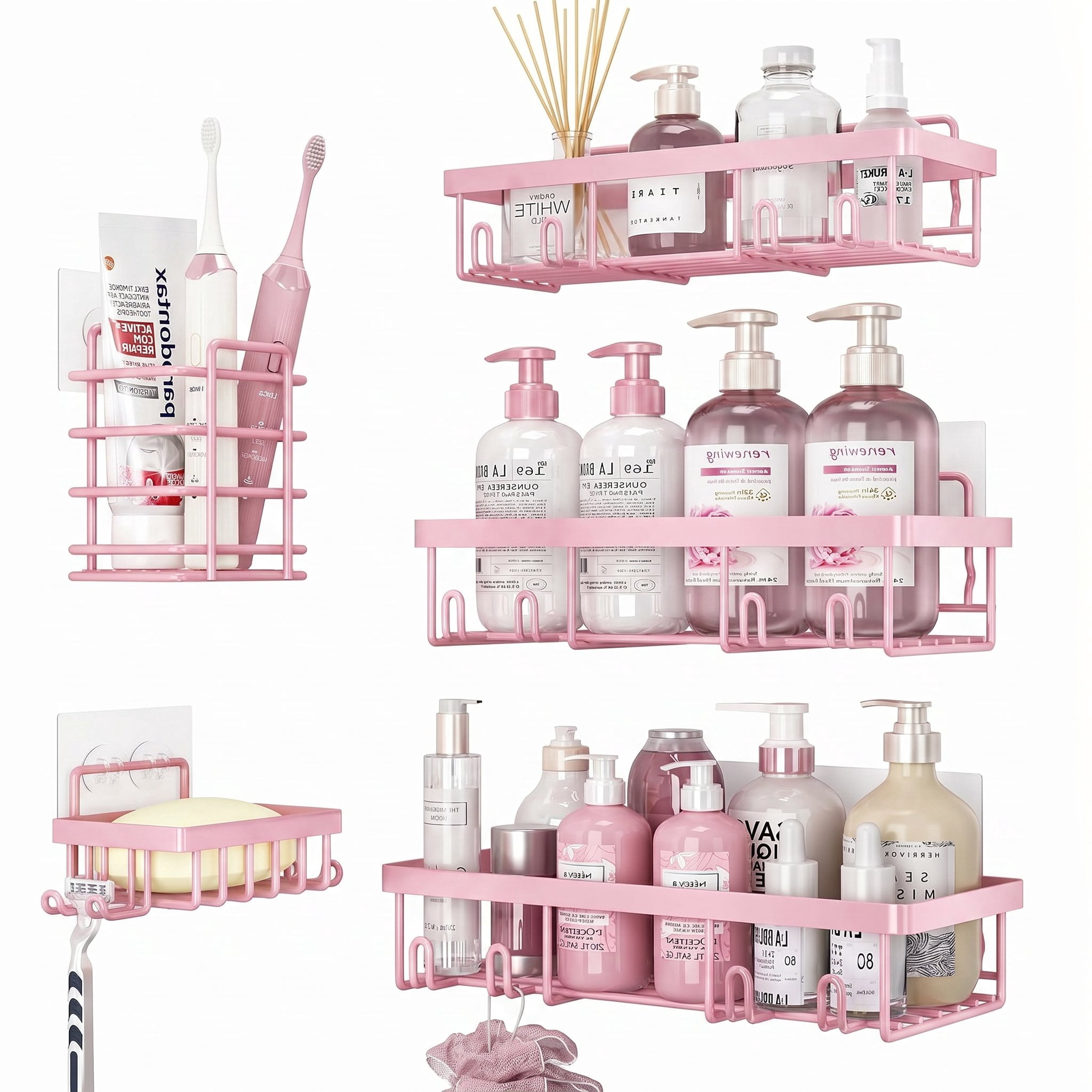 5-Piece Pink Shower Set, Adhesive Wall-Mount Stainless Steel Bathroom ...