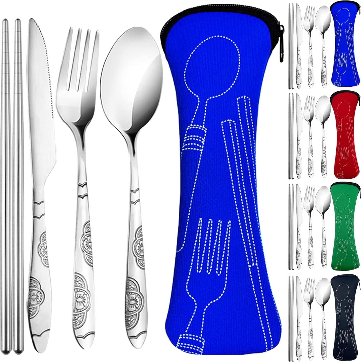 5 Piece Portable Silverware Set with Box, Lengnoyp Travel Camping ...