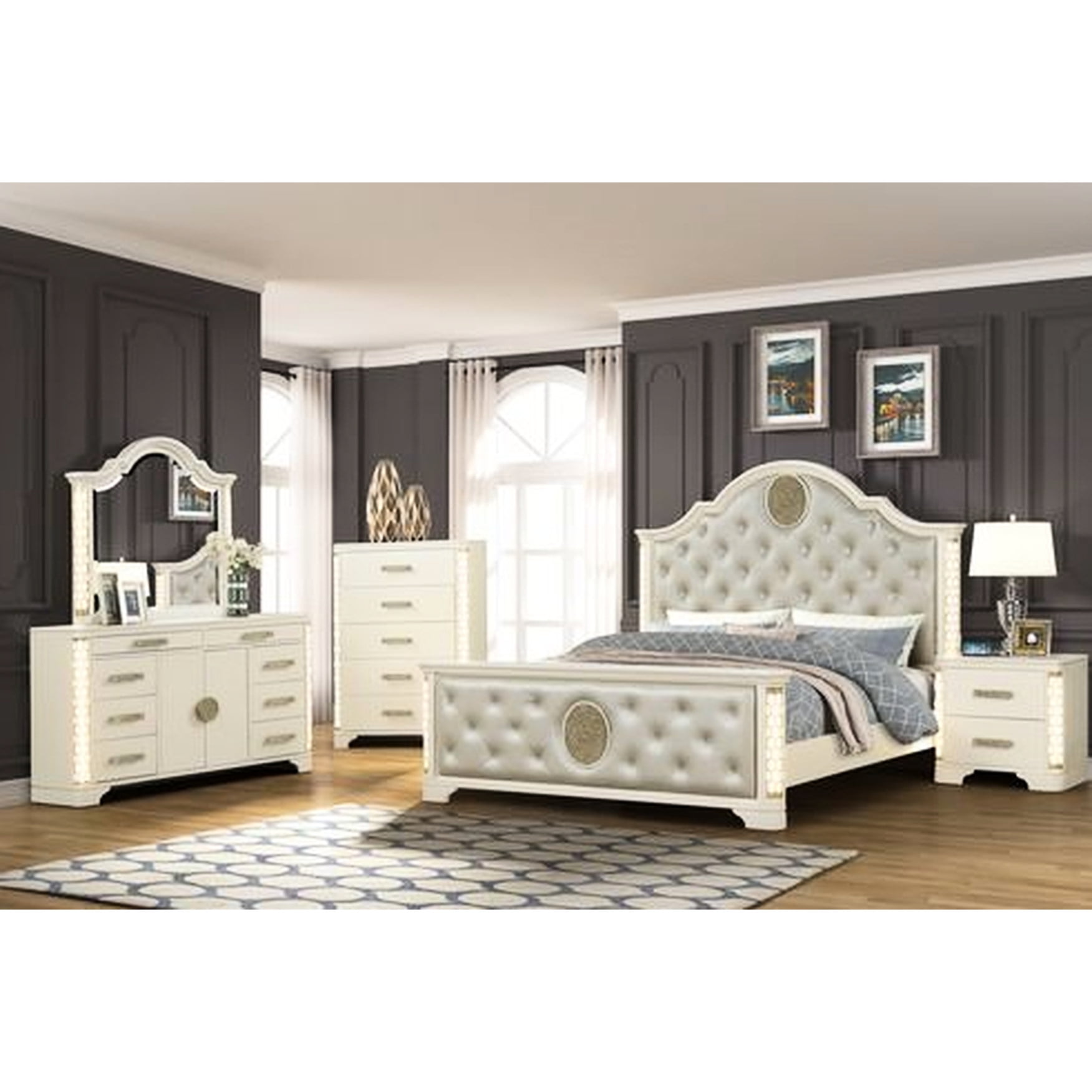 5 - Piece Queen Bedroom Furniture | Crystal - Tufted Headboard and LED ...