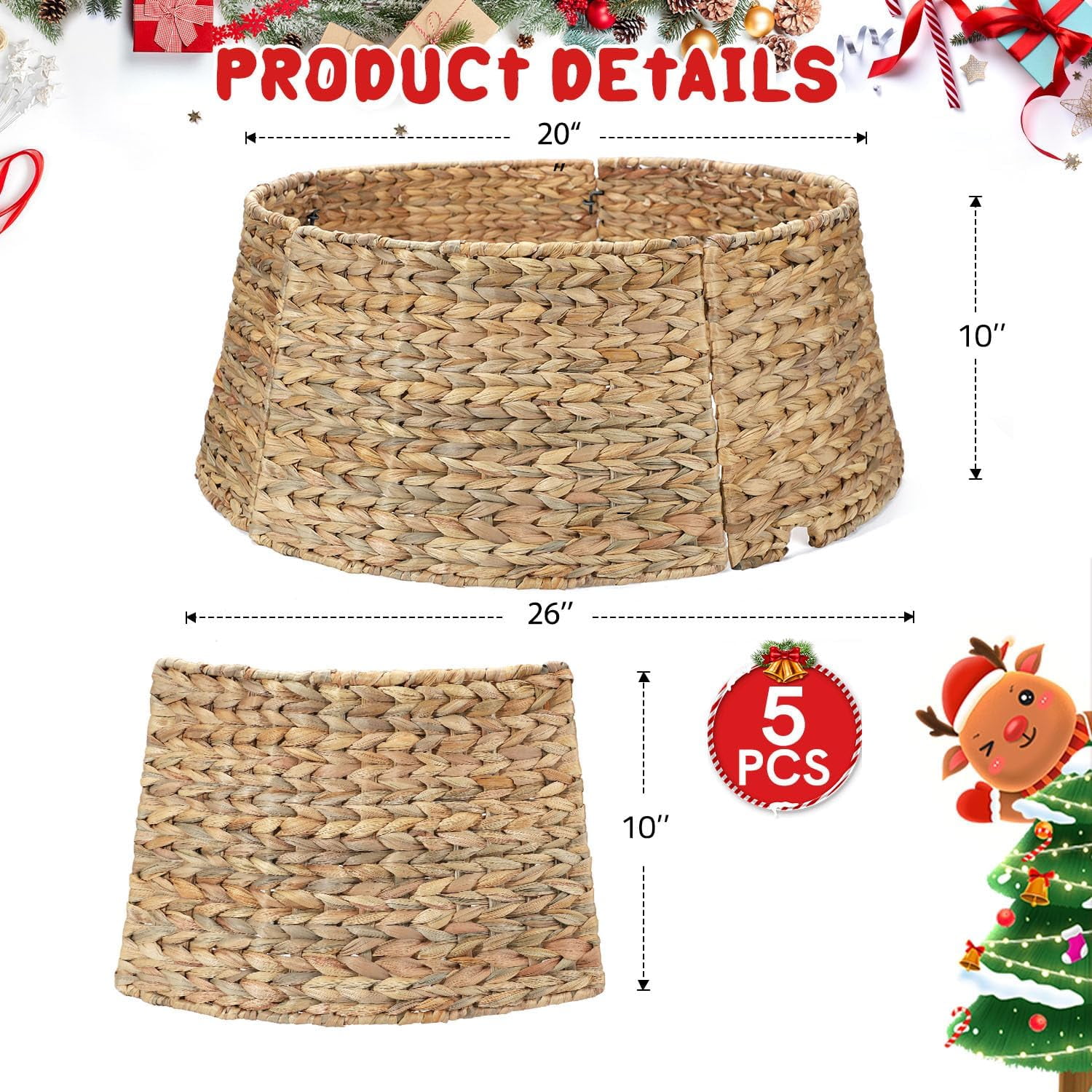 5-Piece Rattan Christmas Tree Collar - 26" Rustic Farmhouse Tree Skirt ...