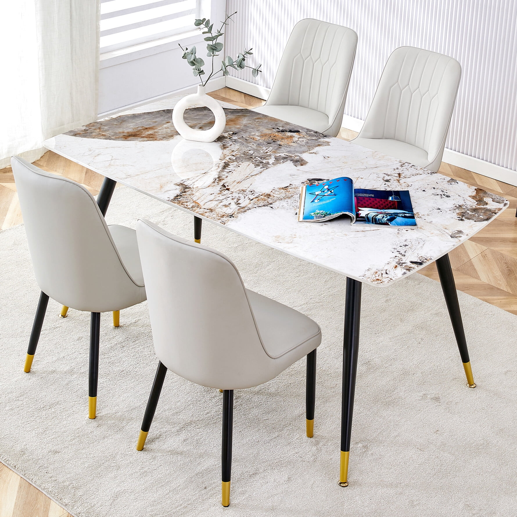 5 Piece Rectangle Marble Dining Table for 6, 62'' White Sintered Stone ...