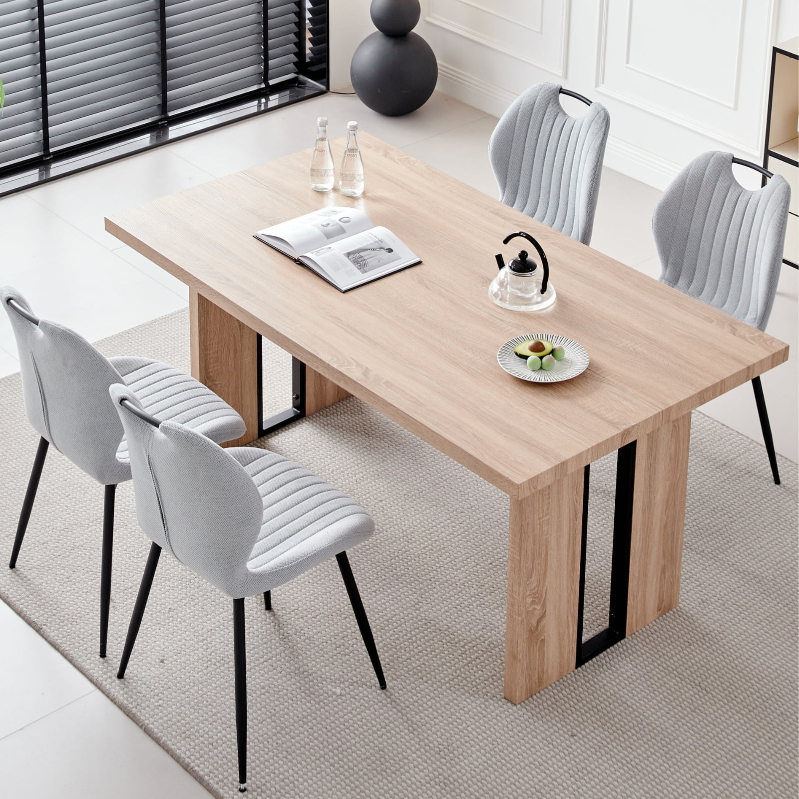 5 Piece Rectangle Natural Color Dining Room Table Chair Set for 4, 63 ...