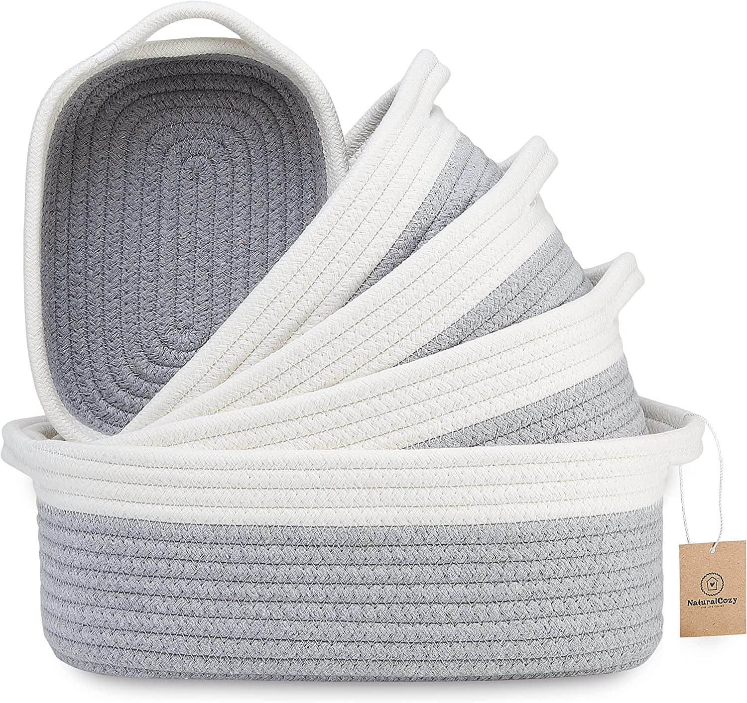 5-Piece Rectangle Storage Basket Set- Natural Cotton Rope Woven Baskets ...