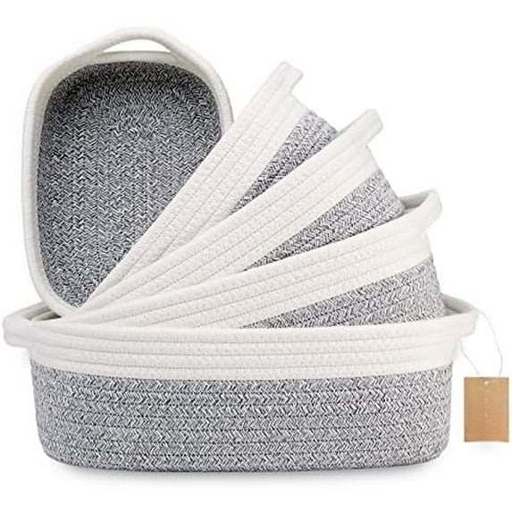 5-Piece Rectangle Storage Basket Set- Natural Cotton Rope Woven Baskets ...
